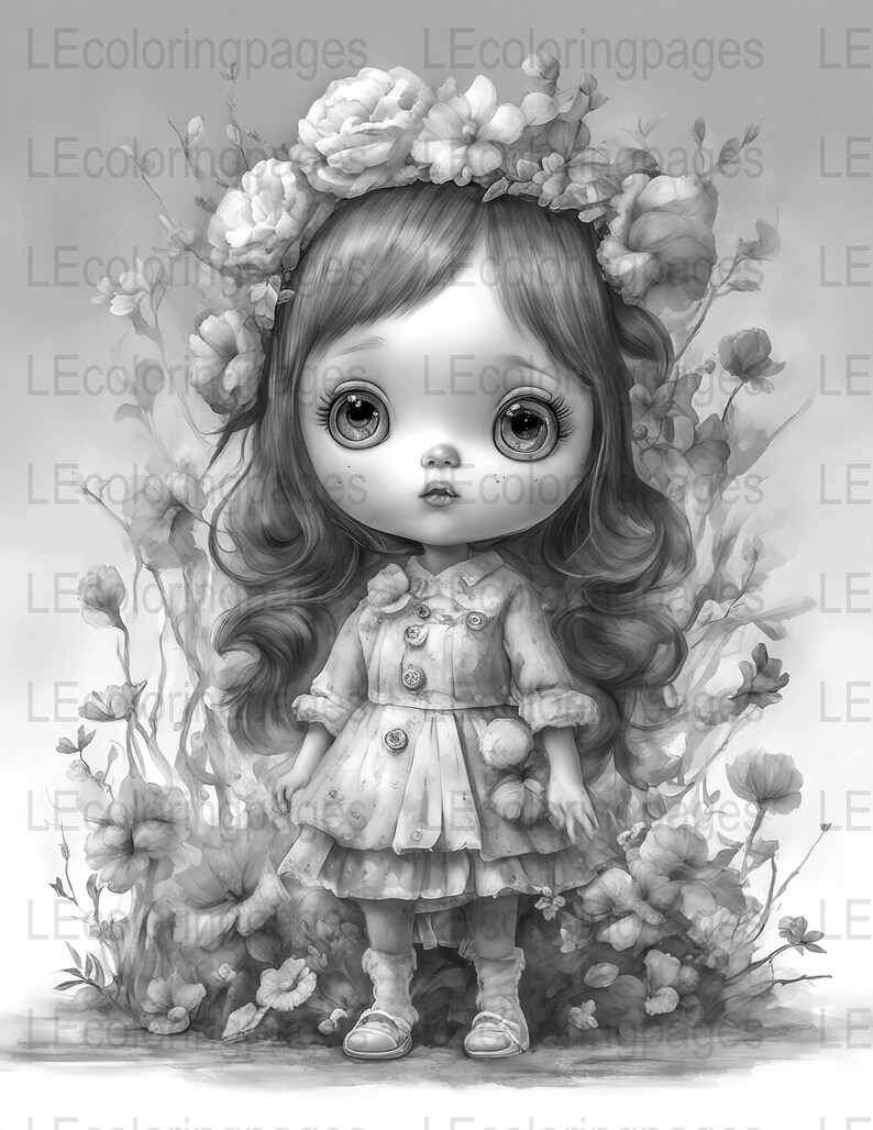 Grayscale Adult Coloring Page, Enchanting Doll Illustration, Printable ...
