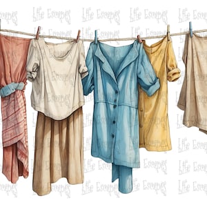 Vintage Laundry Clothesline Clipart Set, Watercolor Clothes ...