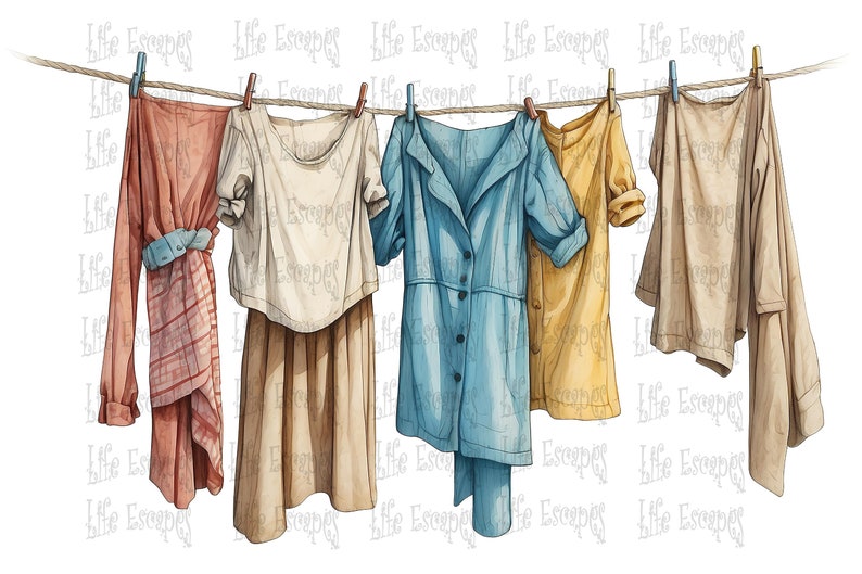 Vintage Laundry Clothesline Clipart Set, Watercolor Clothes ...