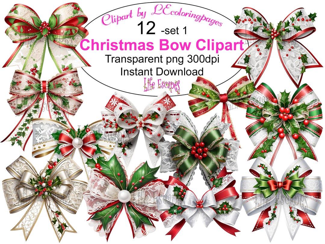 Christmas Bow Clipart Set, Transparent PNG Clipart, Instant Download ...