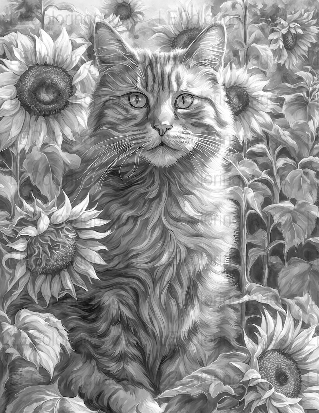 Sunflowers Grayscale Coloring Page for Adults #64 Instant Download ...