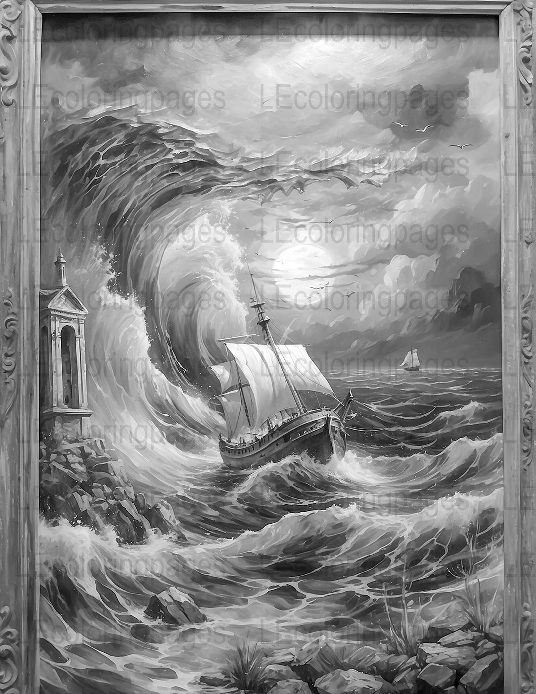 Stormy Sea Ship Grayscale Coloring Page, Printable Adult Stress Relief ...