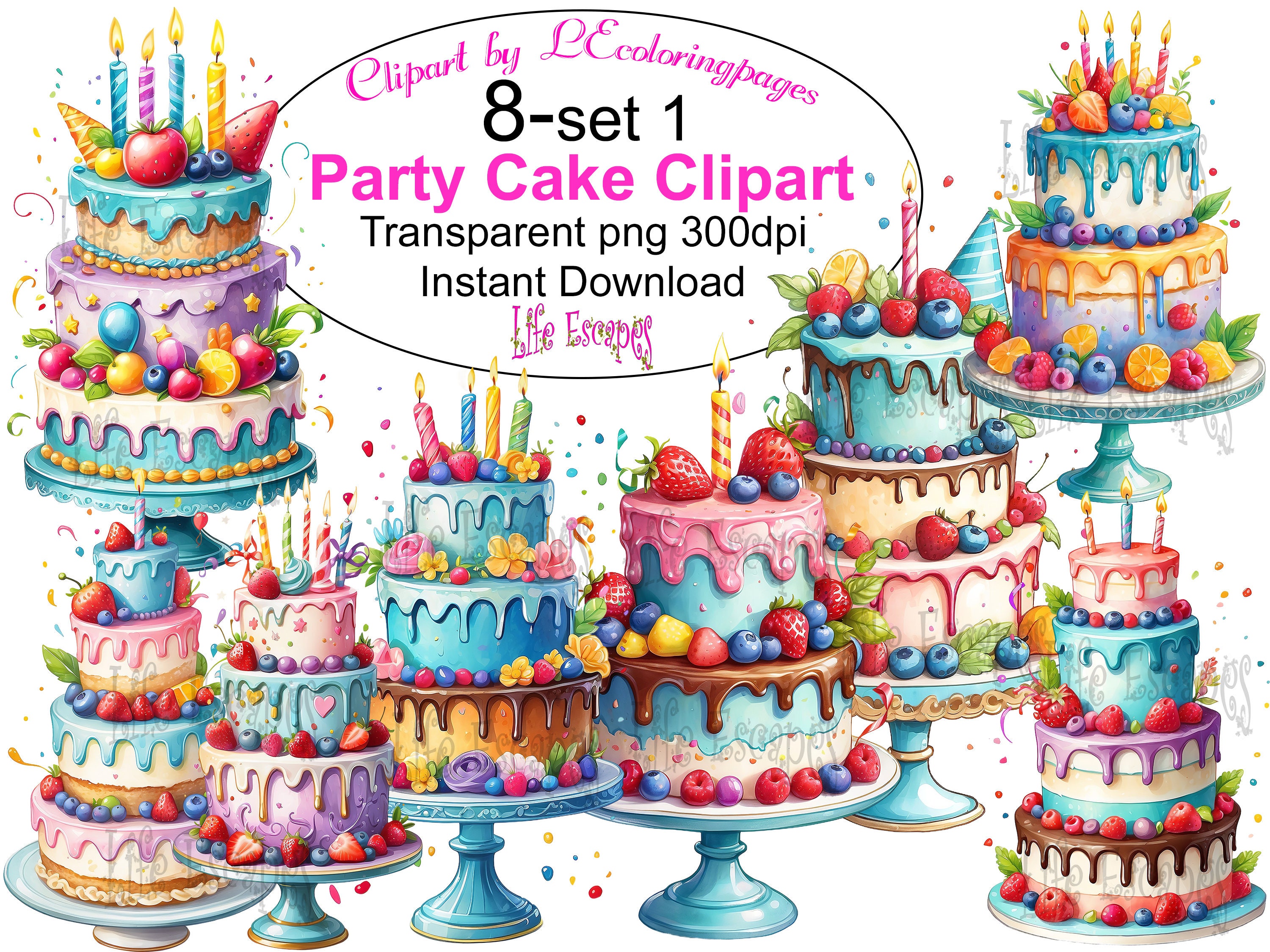 Printable Party Cake Clipart Bundle Set 1, PNG, Commercial Use, Digital ...