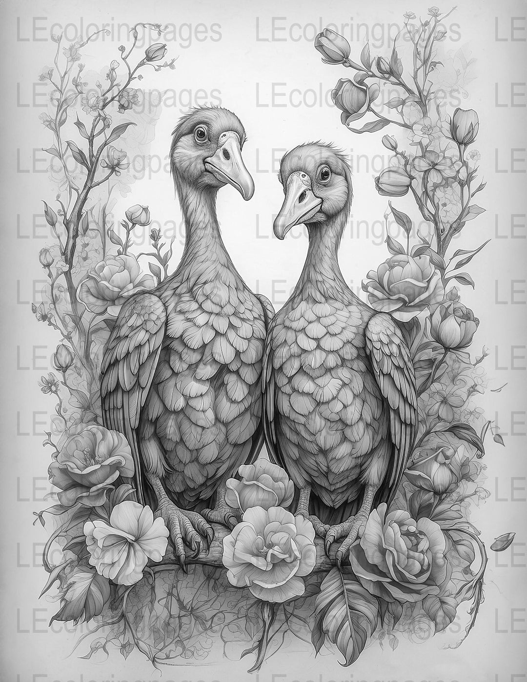 Adult Coloring Page Grayscale Birds, Intricate Floral Design, Printable ...