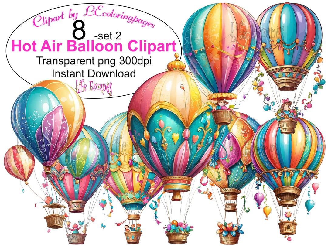 Colorful Hot Air Balloon Clipart Set, 8 Digital PNG Files, Commercial ...