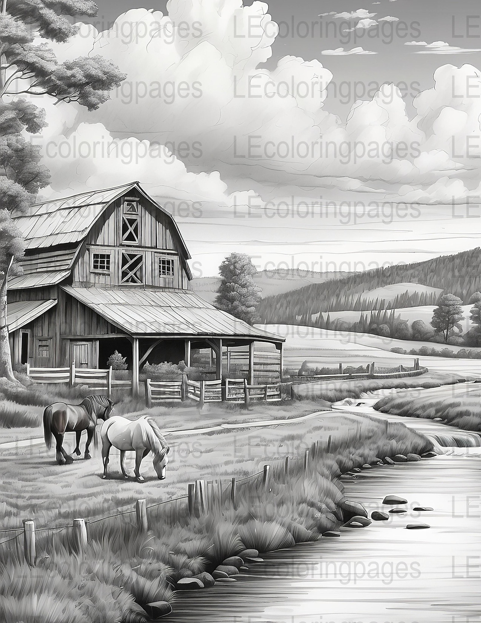 Grayscale Coloring Pages for Adults, Relaxing Farm Scene Coloring Page ...