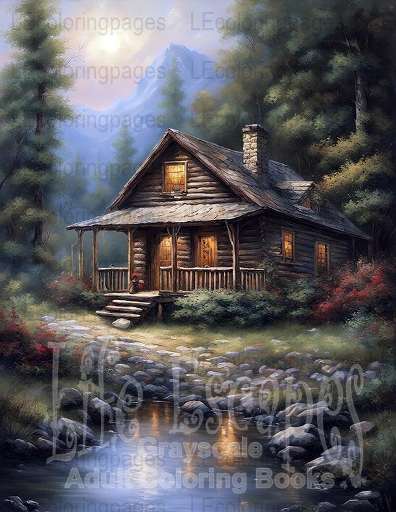 Hunting Cabin Grayscale Coloring Page for Adults #66 - Instant Download ...