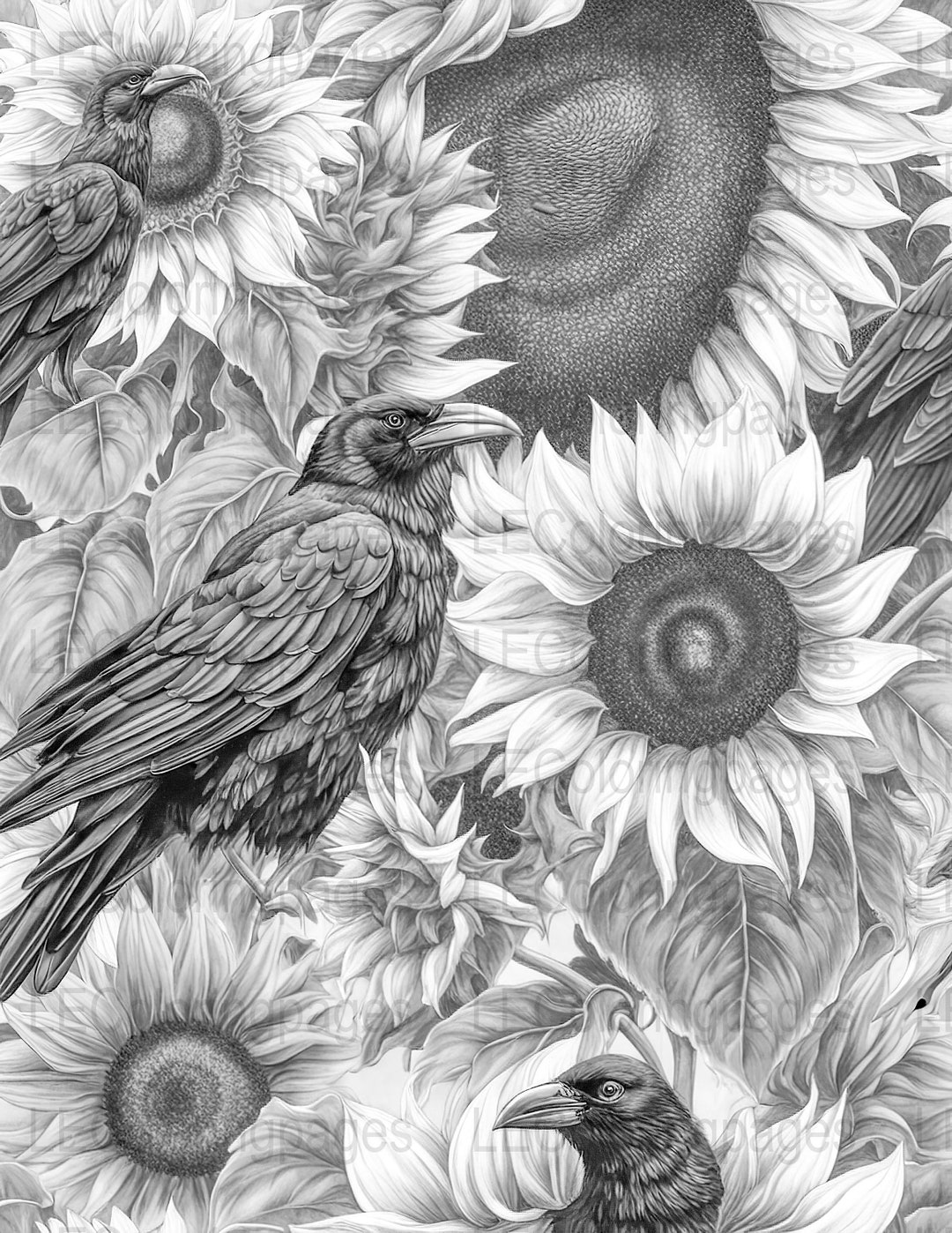 Sunflowers Grayscale Coloring Page for Adults #22 Instant Download ...