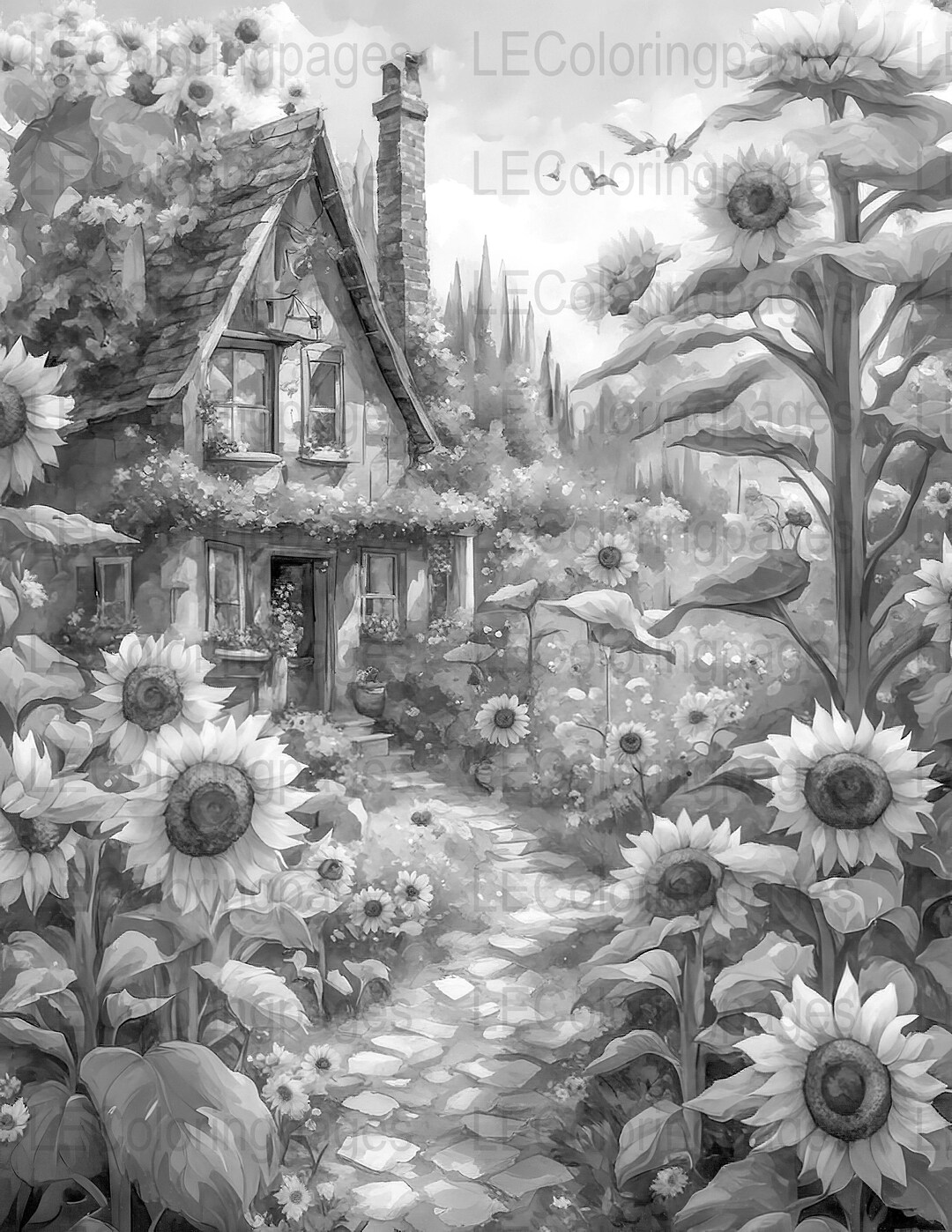 Sunflowers Grayscale Coloring Page for Adults #14 Instant Download ...