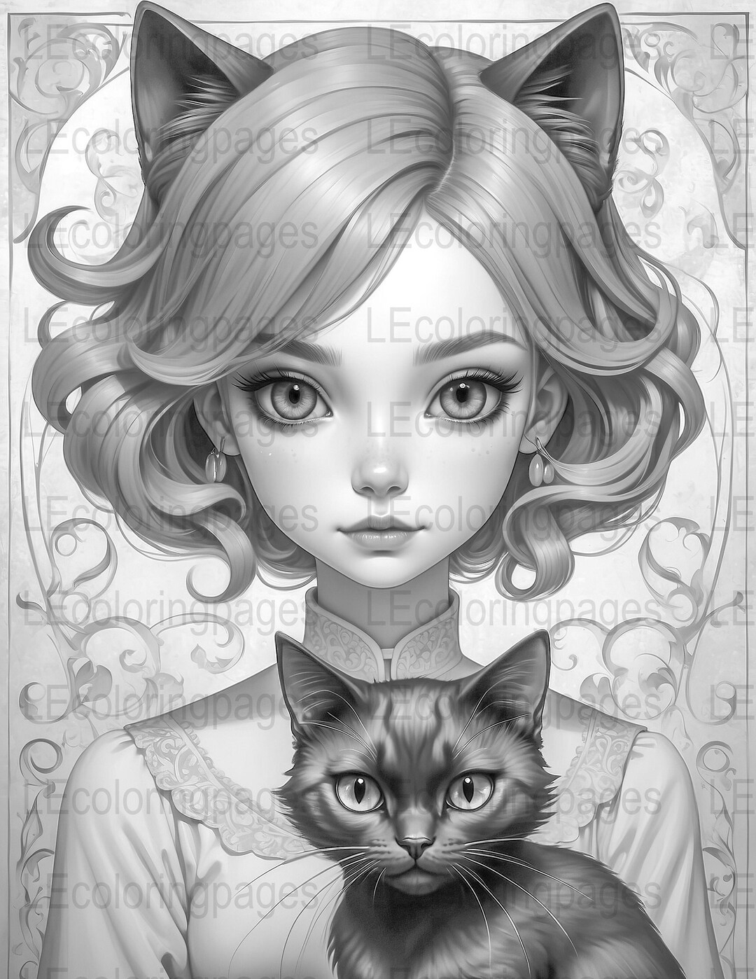 Gothic Cat Girl Grayscale Coloring Page for Adults #42 - Instant ...