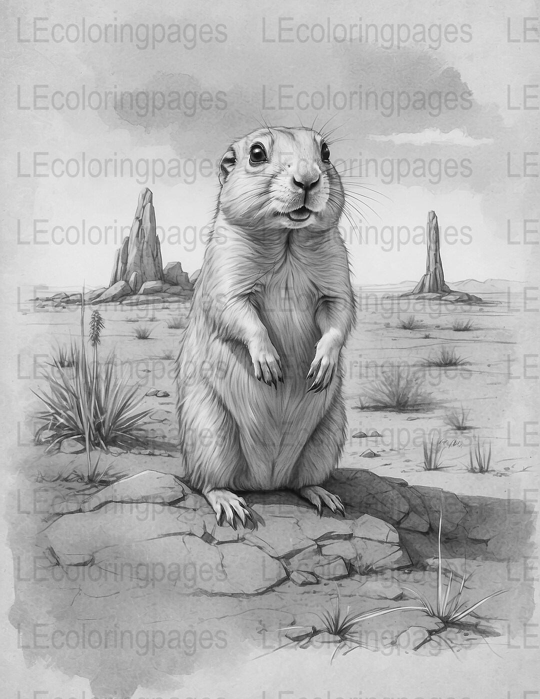 Grayscale Prairie Dog Adult Coloring Page, Printable Desert Wildlife ...