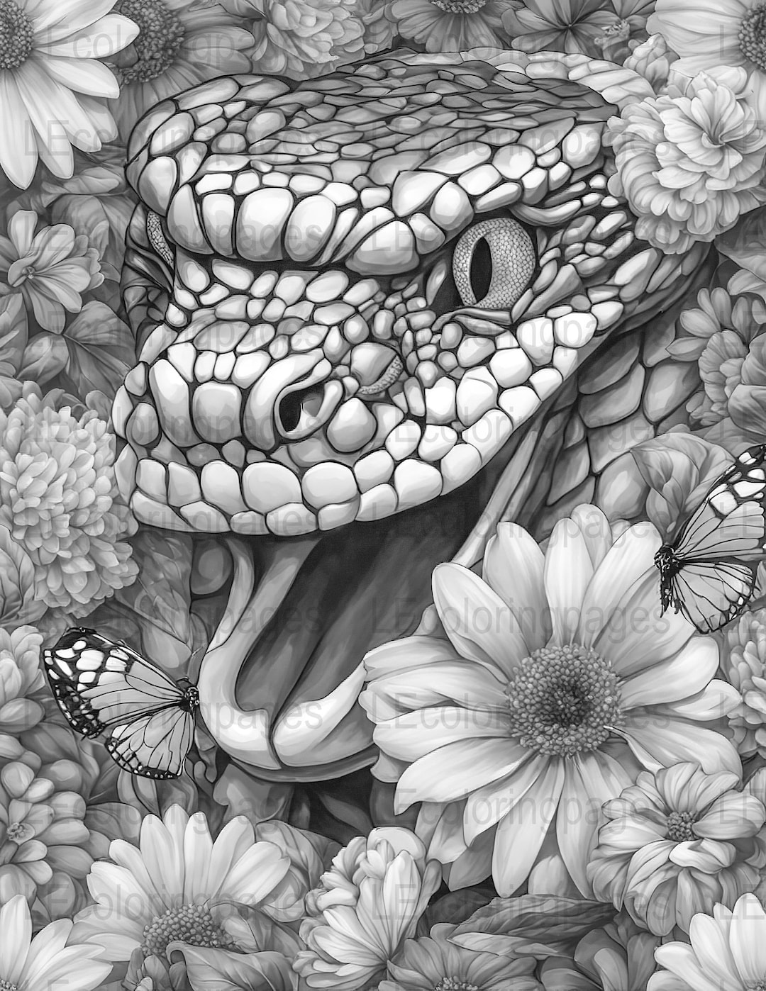 Adult Coloring Page Download, Serpent and Flowers Grayscale Image ...