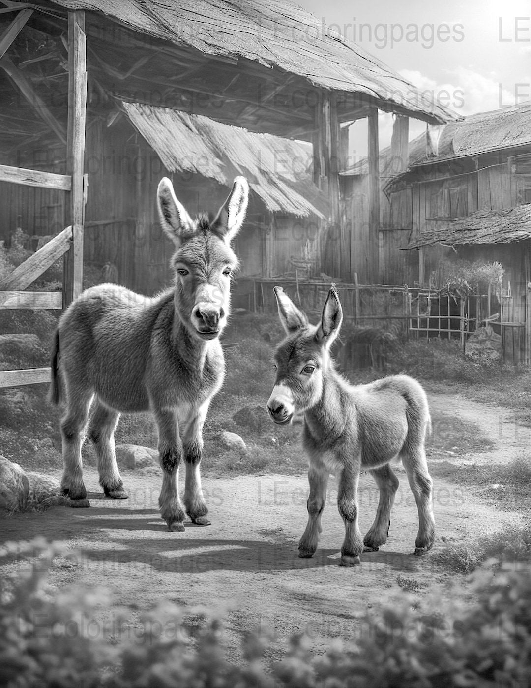 Rustic Farm Animal Adult Coloring Page, Grayscale Donkey Illustration ...