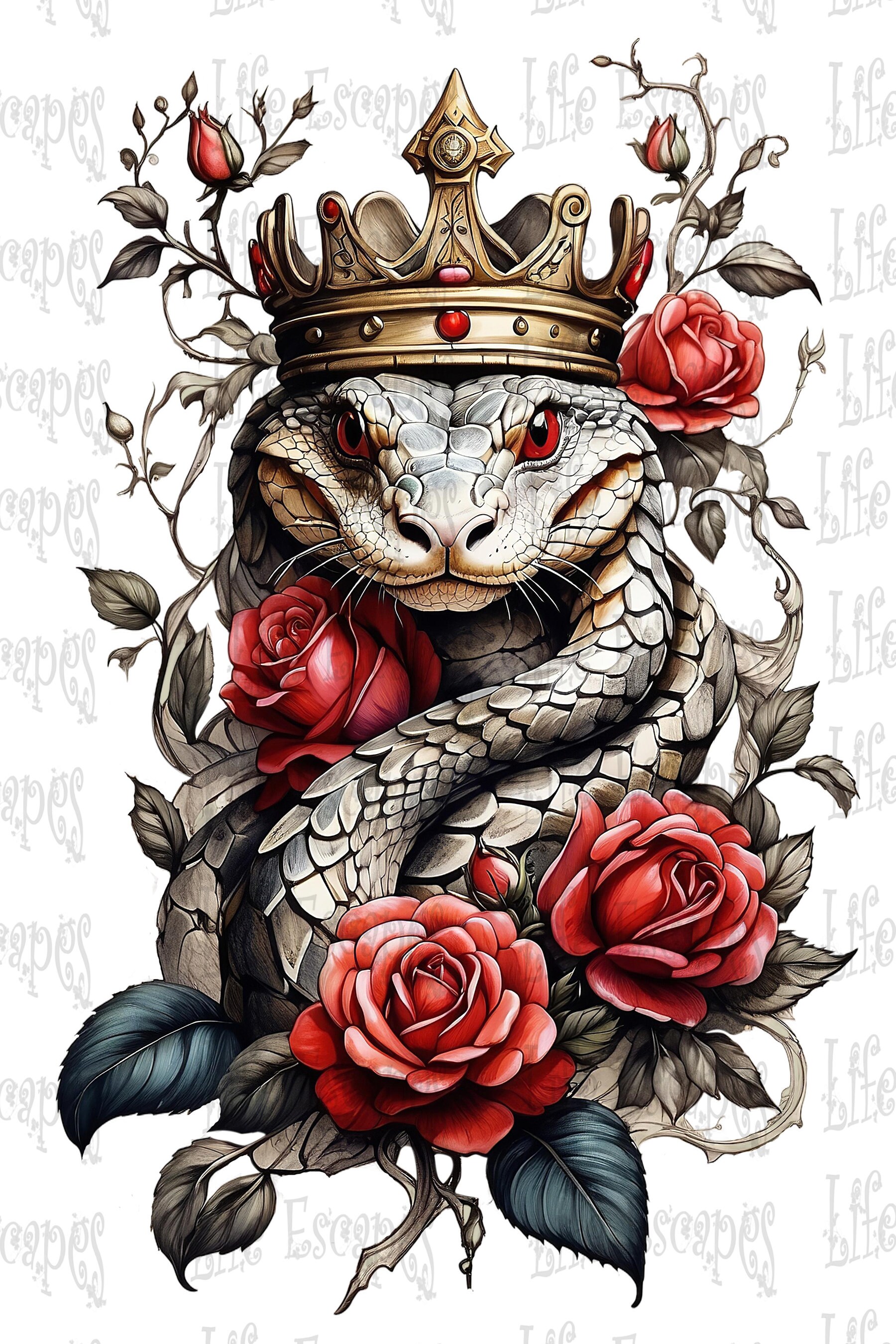 King Cobra Tattoo Clipart Set, Snake With Crown and Roses, Digital ...