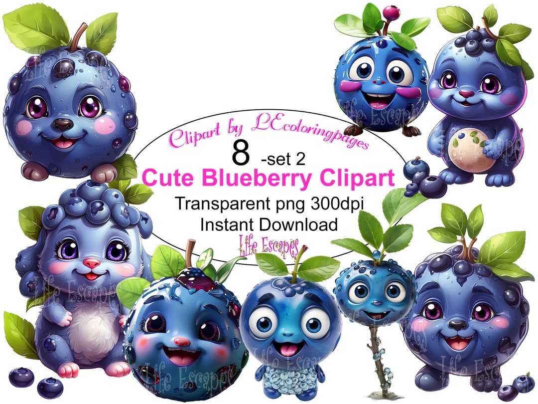 Cute Blueberry Characters Clipart, Whimsical Fruit Illustrations ...