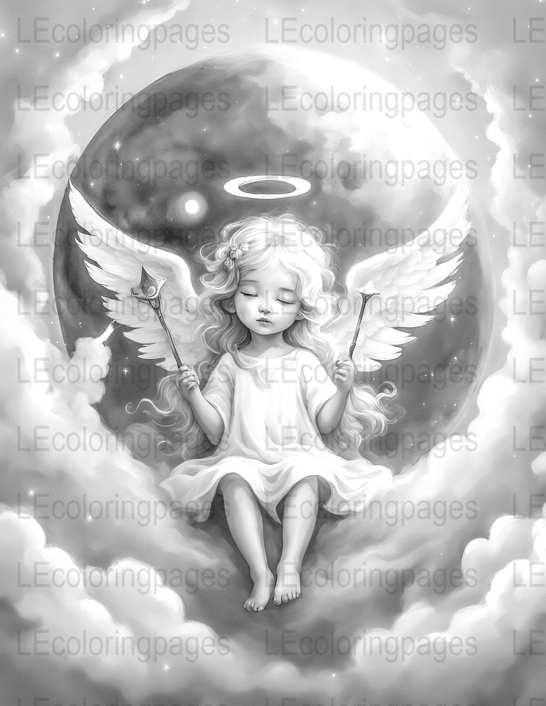 Moon Dreams Fantasy Printable Coloring Pages for Adults, Grayscale ...