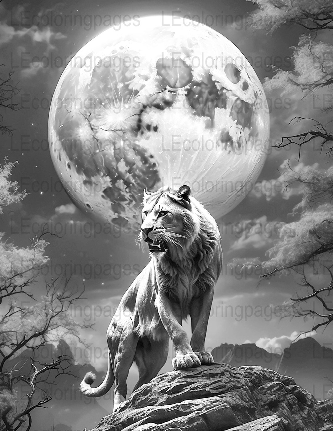 Majestic Lion Under Moonlight Grayscale Coloring Page, Adult Stress ...
