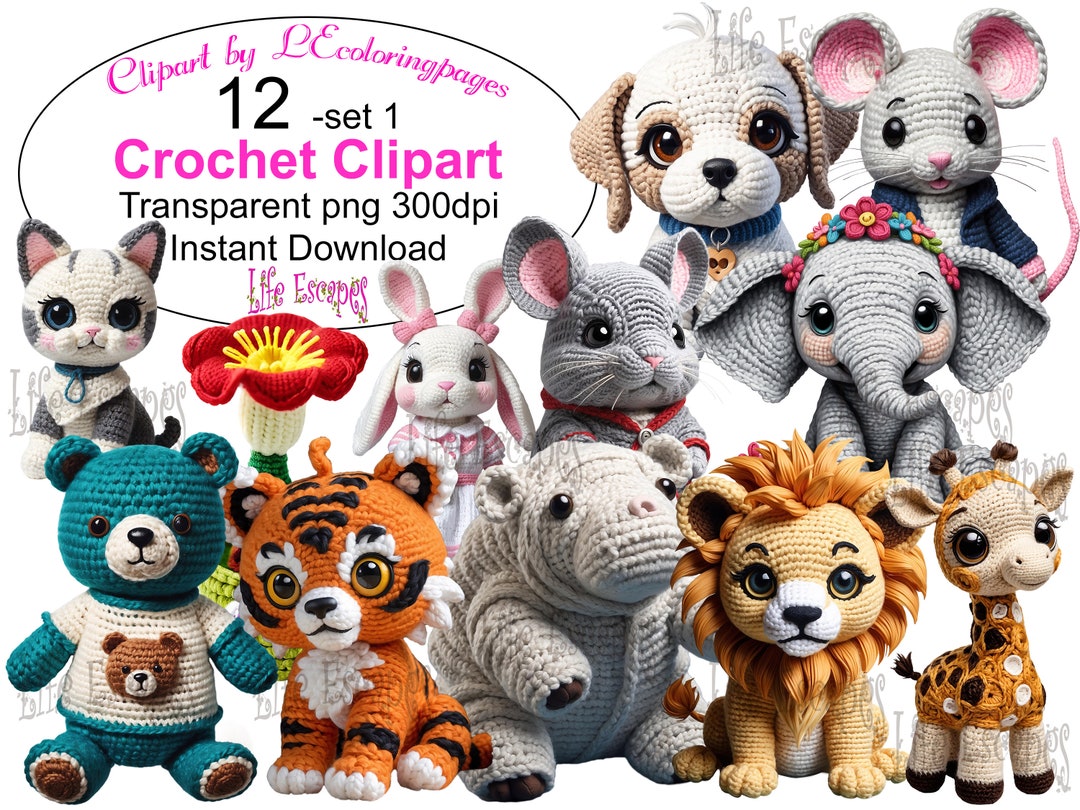 Crochet Animals Clipart Set, 12 Cute Digital PNG Illustrations ...
