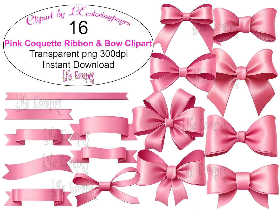 Pink Coquette Ribbon and Bow Clipart, Commercial Use, Digital Download ...
