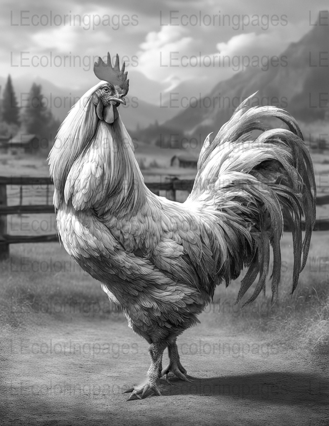 Rustic Farmhouse Rooster Coloring Page, Country Style Adult Grayscale ...