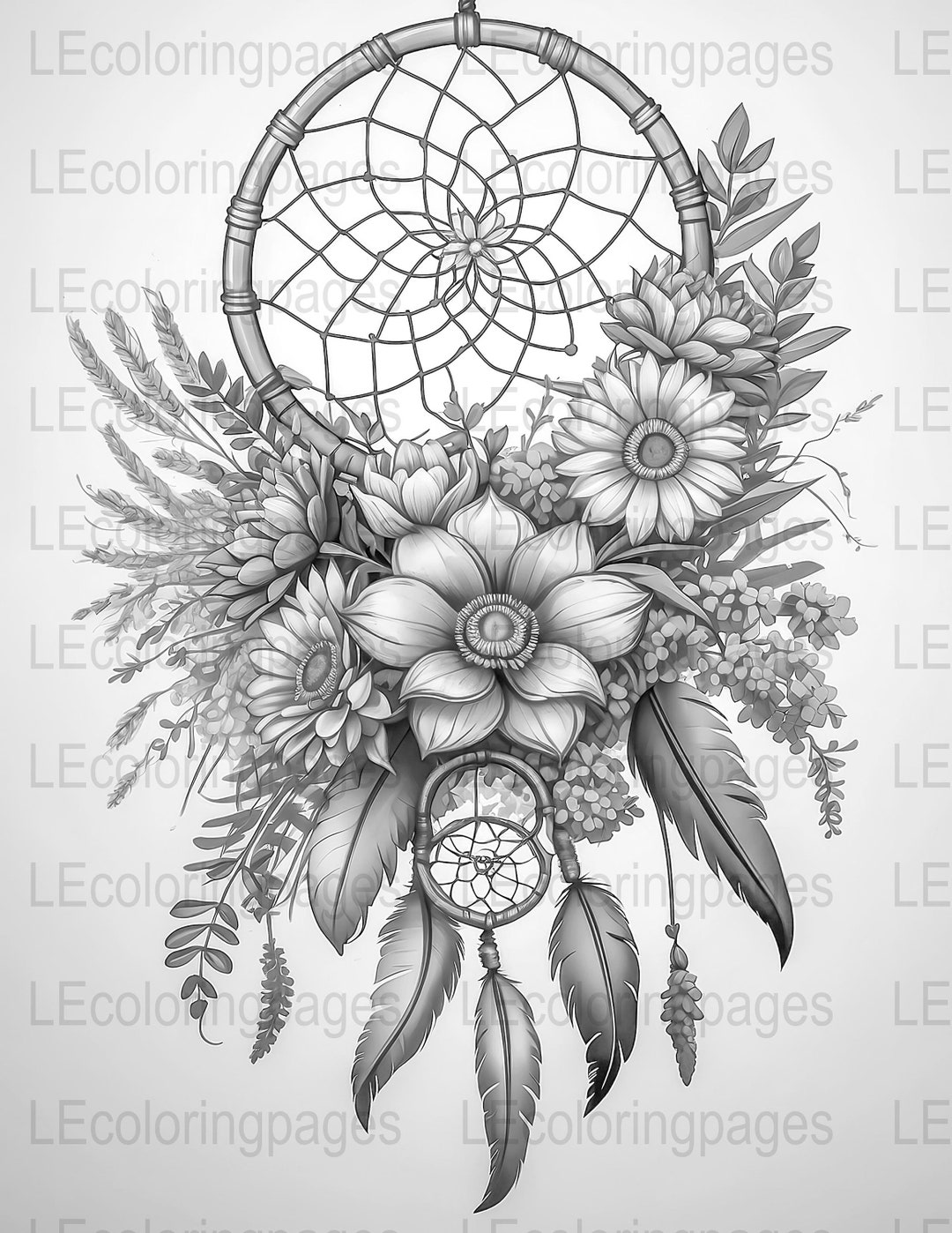 Dreamcatcher Coloring Page for Adults, Printable Grayscale Floral ...