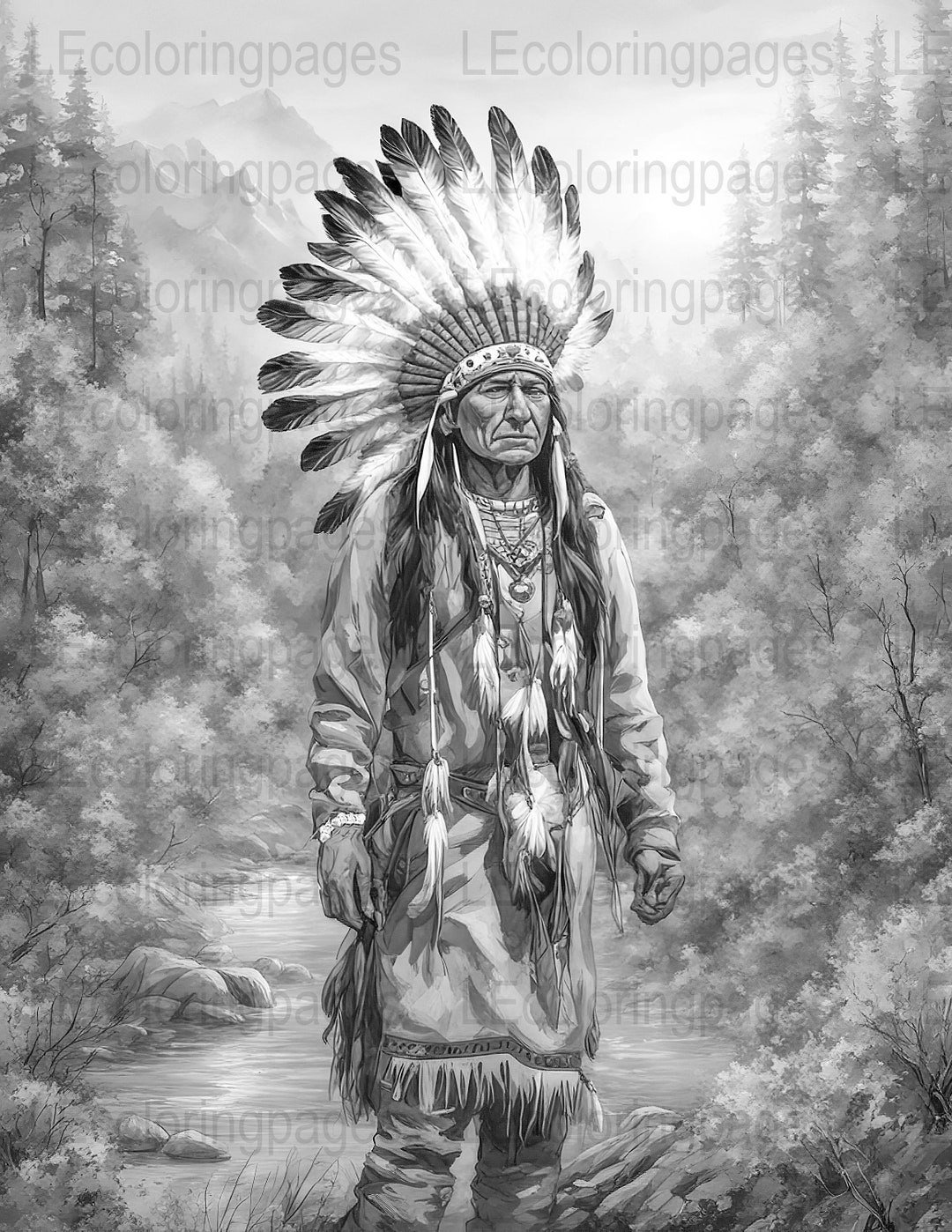 Native American Indians Grayscale Coloring Page for Adults #12 ...