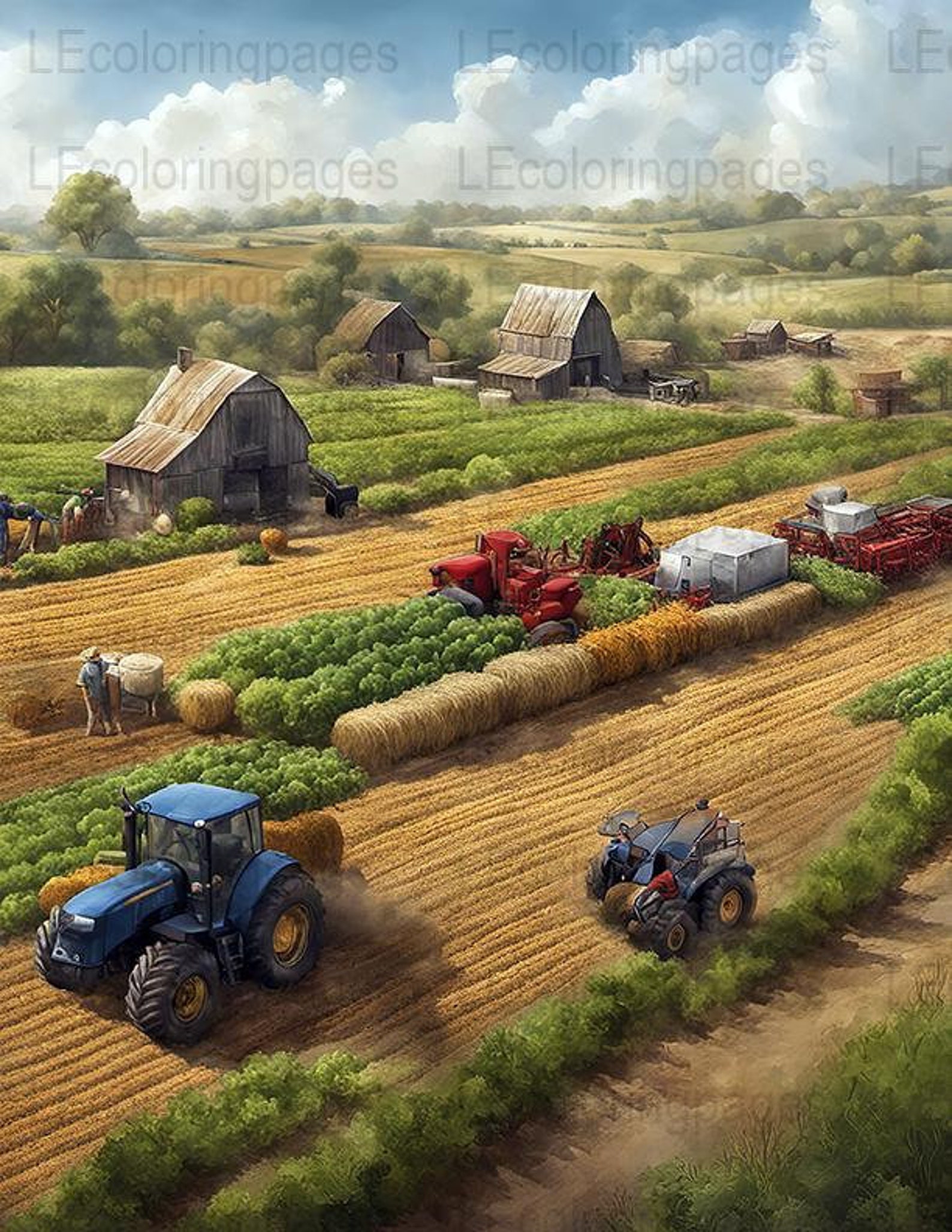 Farm Country Coloring Page for Adults, Rustic Barns and Tractors ...