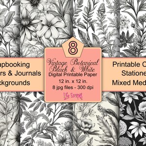Vintage Botanical Black & White Digital Paper, Scrapbook Backgrounds ...