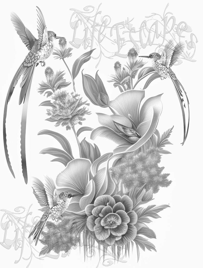 Coloring Page Hummingbirds Grayscale High Resolution Printable - Etsy