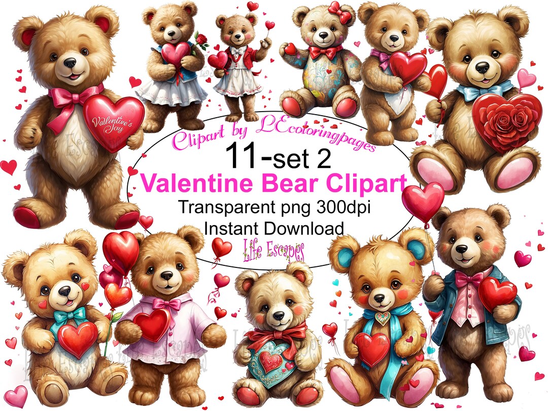 Printable Valentine Bear Clipart Bundle - Set #2, PNG, Commercial Use ...
