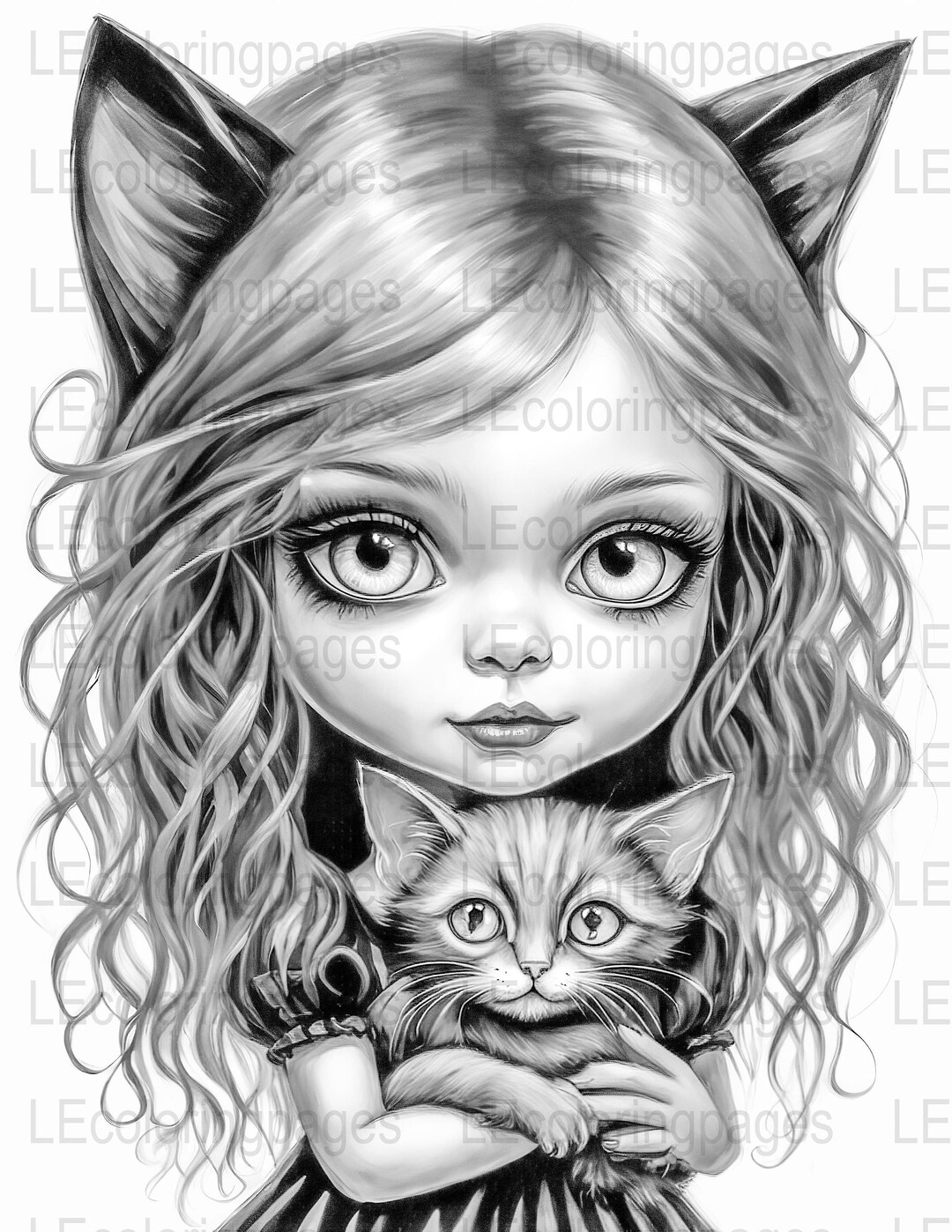 Gothic Cat Girl Grayscale Coloring Page for Adults #18 - Instant ...