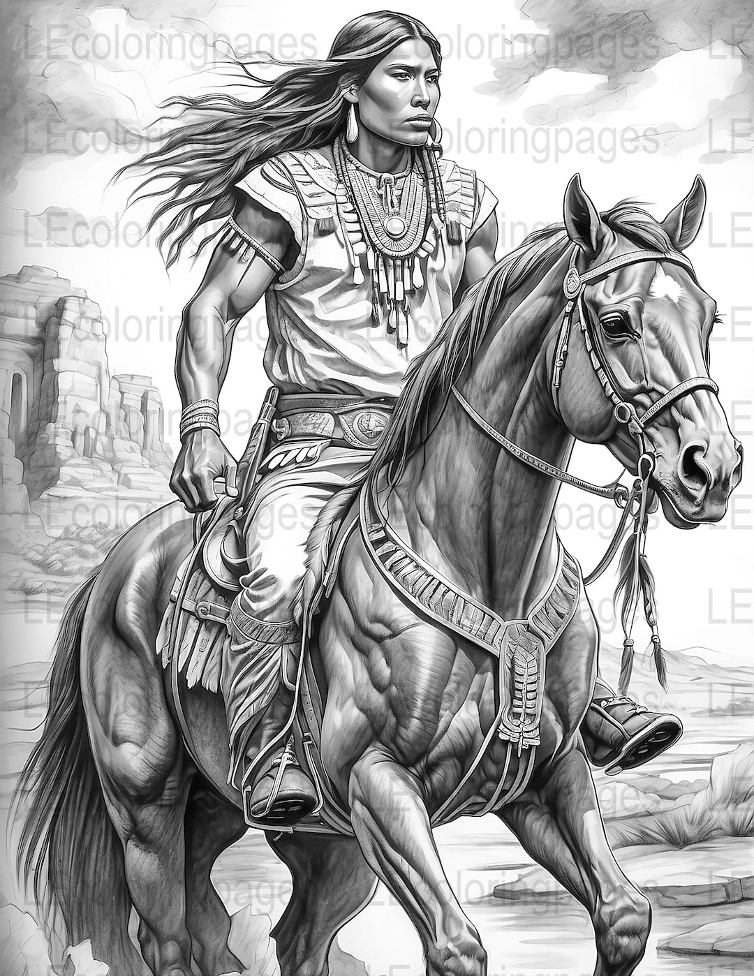 Native American on Horseback Grayscale Coloring Page, Adult Stress ...