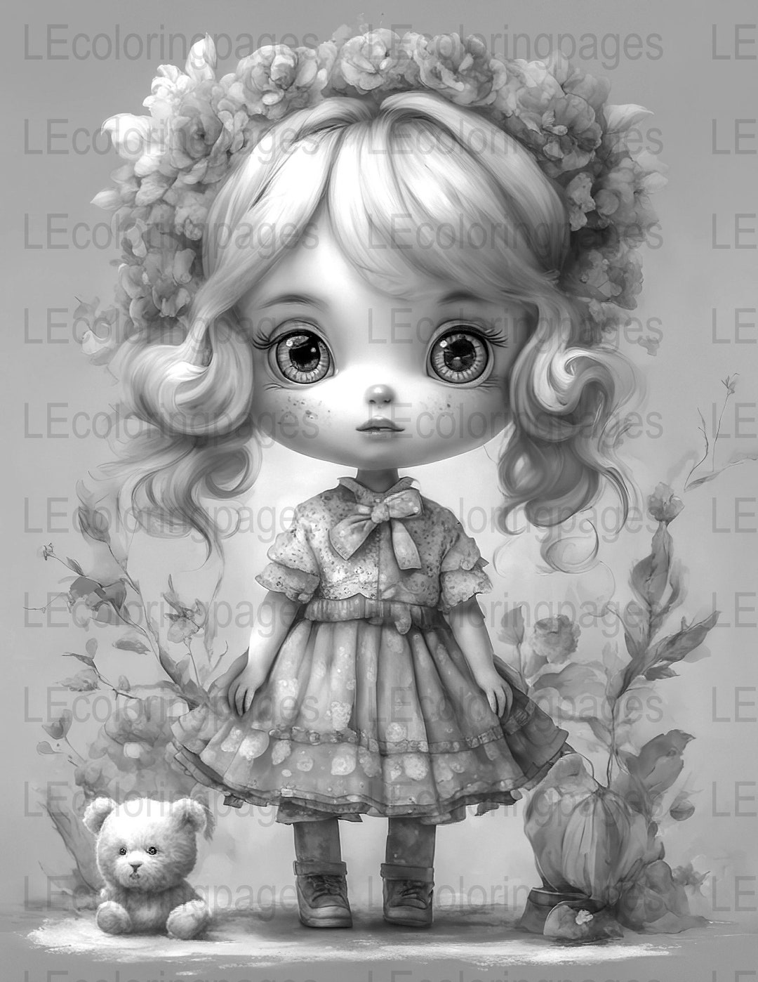 Grayscale Doll Coloring Page for Adults, Vintage-inspired Relaxation ...