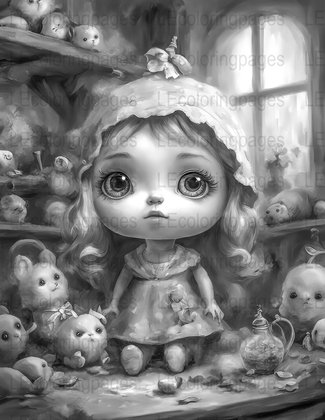 Adult Grayscale Coloring Page, Fantasy Doll Illustration, Charming ...