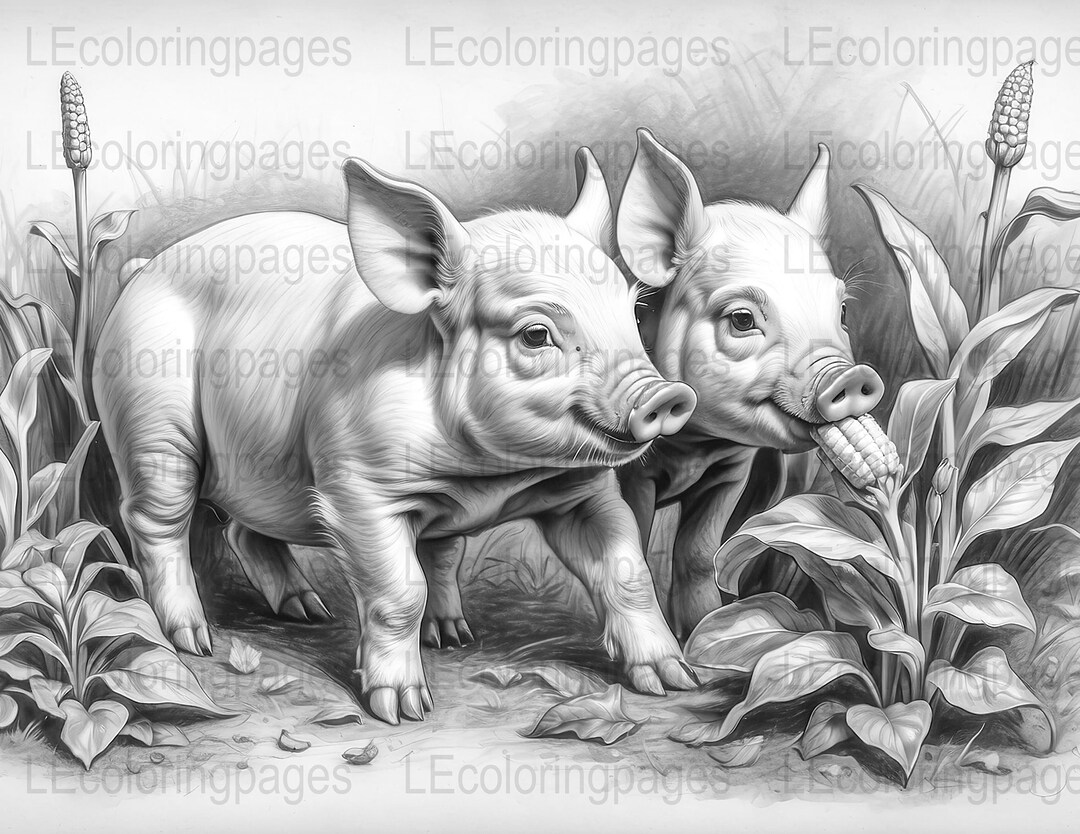 Adult Coloring Page Grayscale Pigs in Cornfield, Downloadable JPG ...