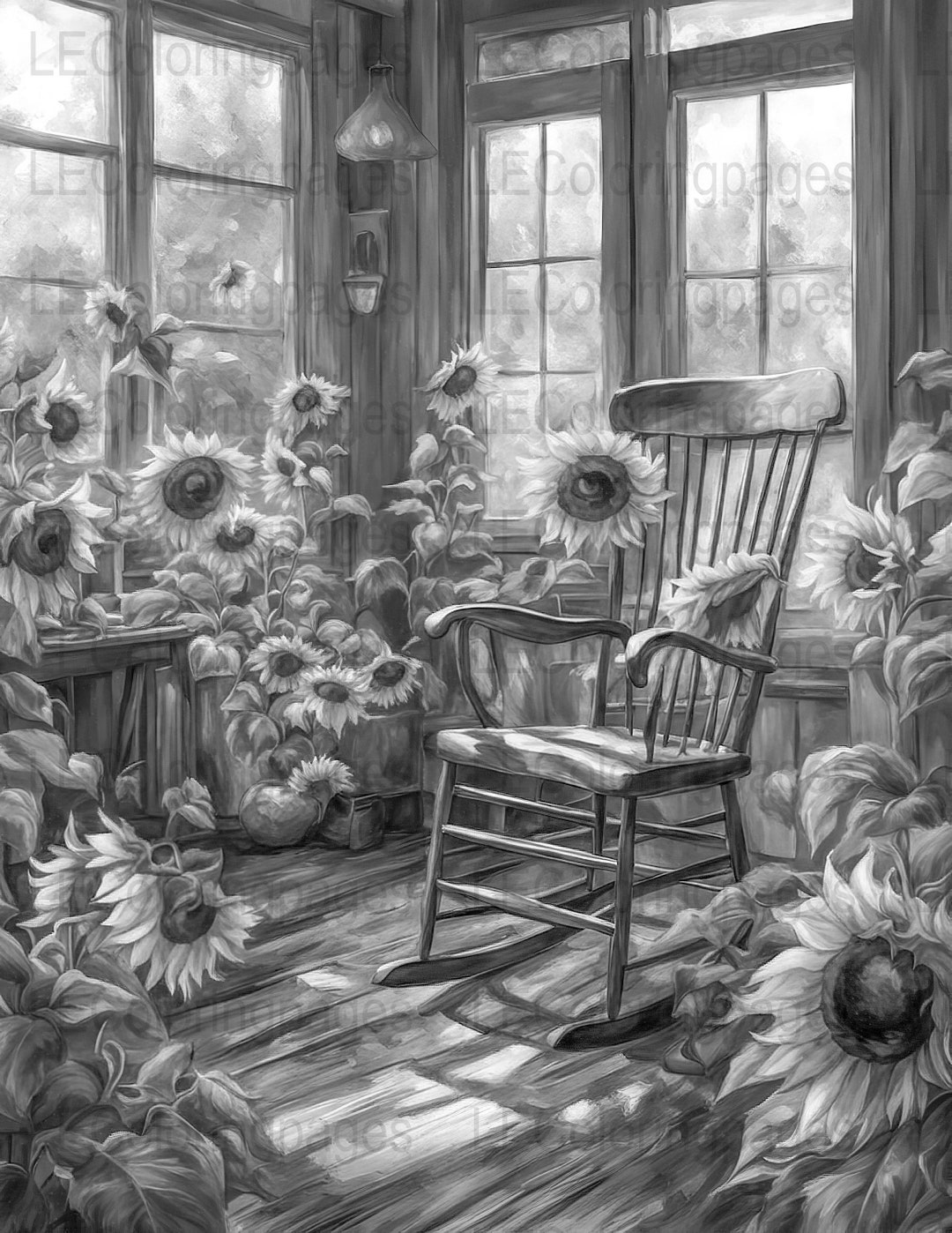 Sunflowers Grayscale Coloring Page for Adults #94 Instant Download ...