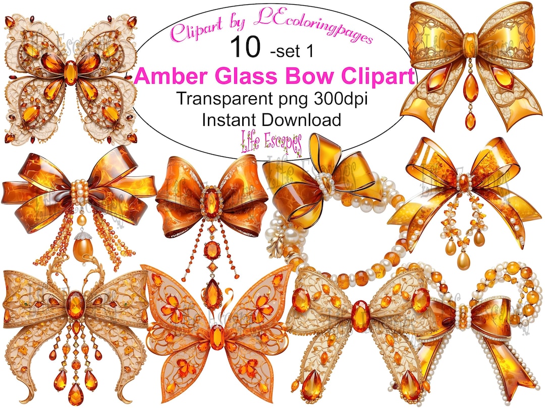 Amber Glass Bow Clipart Set, Transparent PNG 300dpi, Instant Download ...