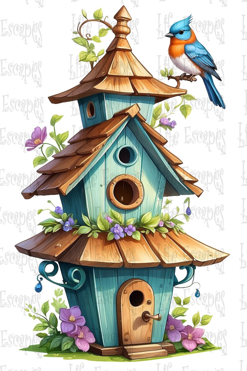 Whimsical Birdhouse Clipart, Colorful Garden PNG Graphics (digital ...