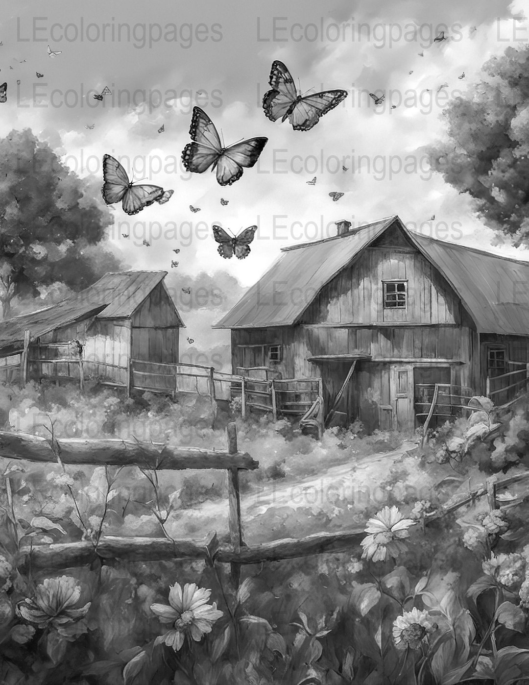 Rustic Farm Country Coloring Page for Adults, Grayscale Barn Scene ...