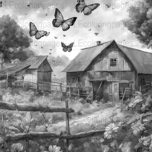 Rustic Farm Country Coloring Page for Adults, Grayscale Barn Scene ...
