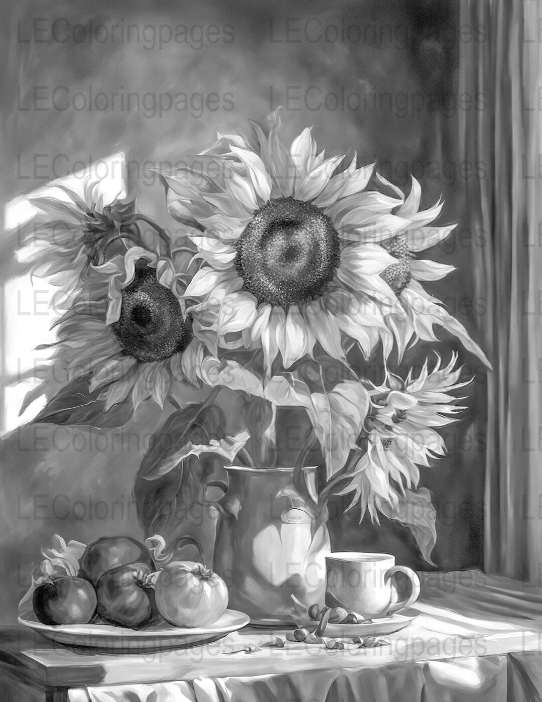 Sunflowers Grayscale Coloring Page for Adults 40 Instant Download ...