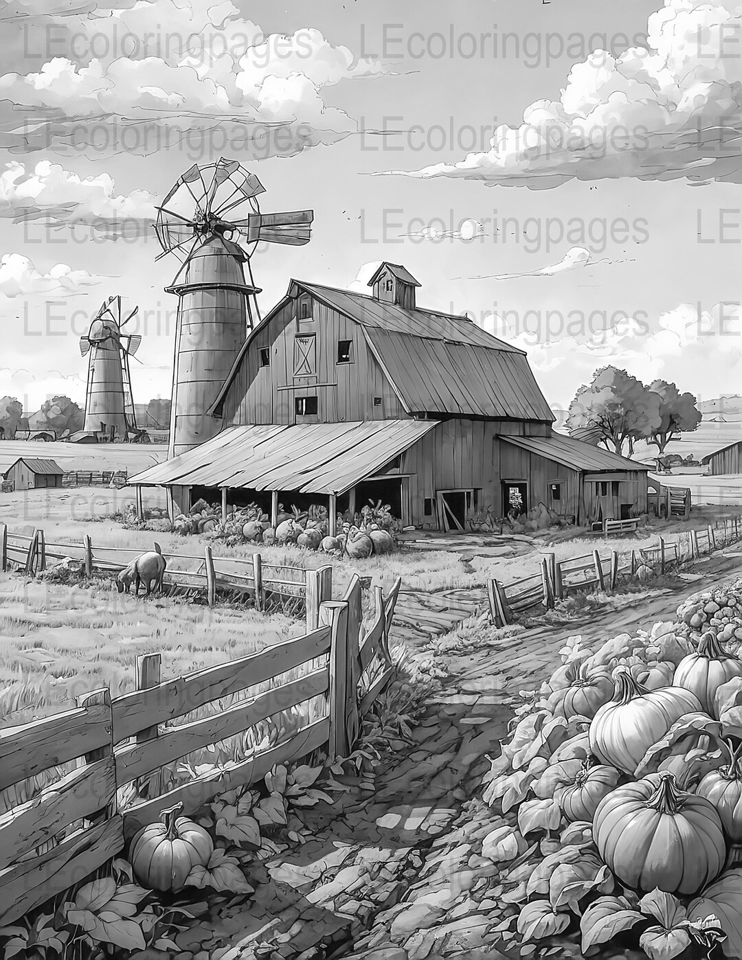 Rustic Farmhouse Grayscale Coloring Page, Printable Barn and Windmill ...