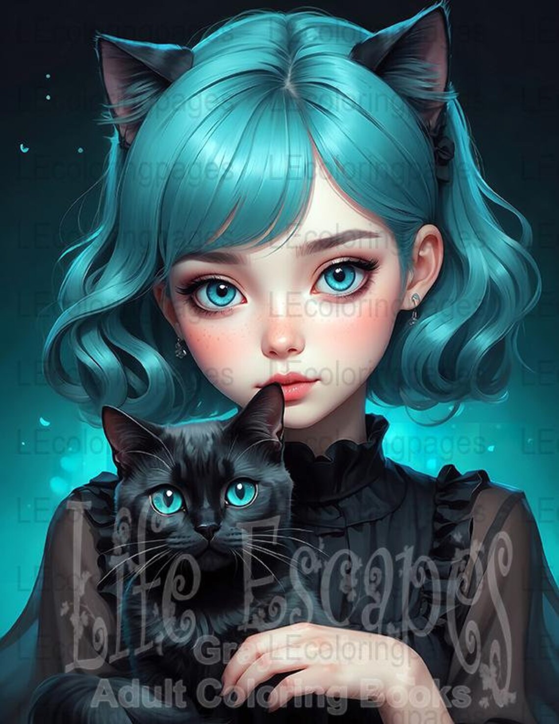 Gothic Cat Girl Grayscale Coloring Page for Adults 44 Instant Download ...