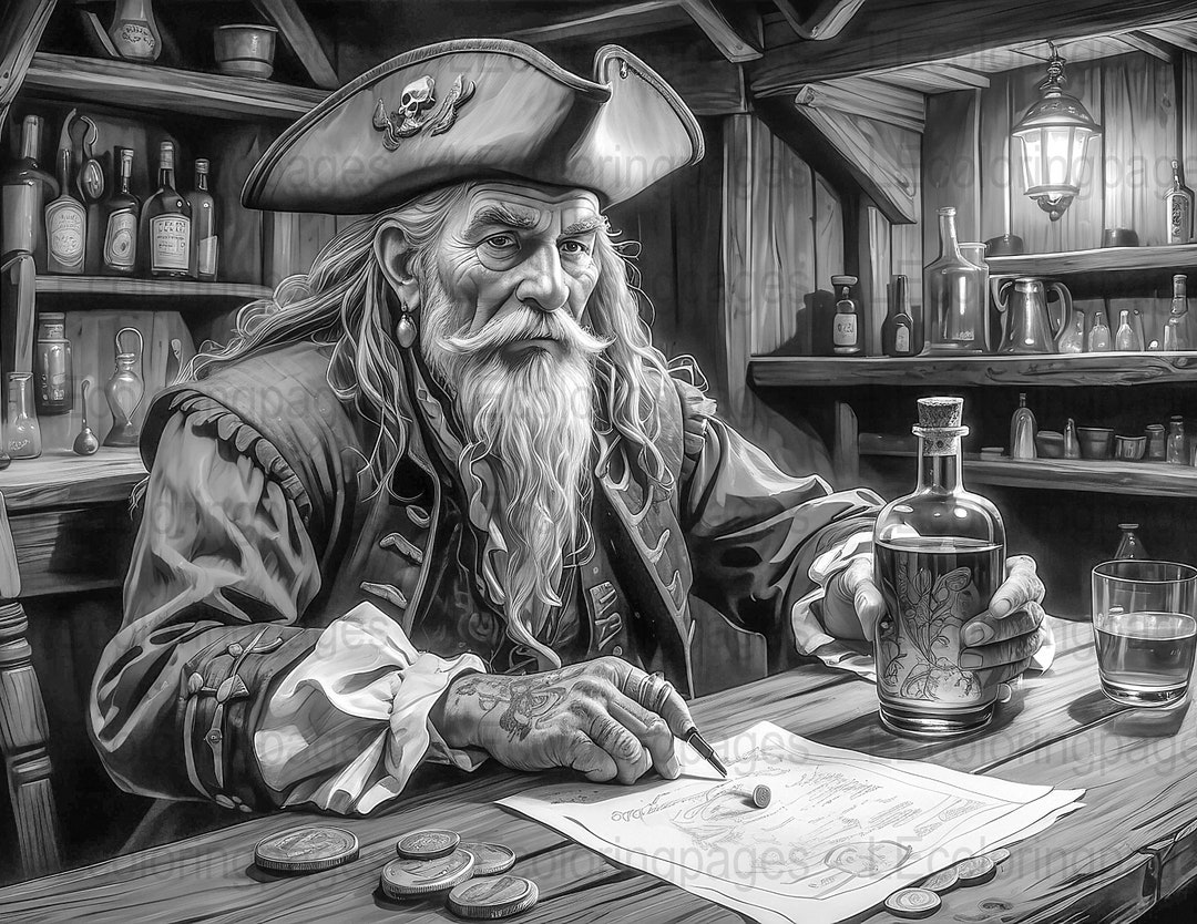 Grayscale Pirate Adult Coloring Page, Printable Intricate Design ...