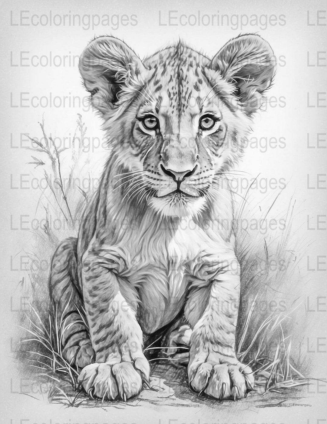 Grayscale Lion Cub Adult Coloring Page, Printable Jungle Animal ...
