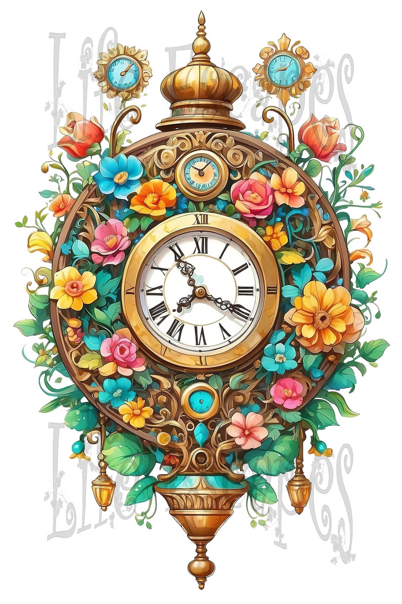 Printable Floral Clock Clipart Bundle Set 1, PNG, Commercial Use ...