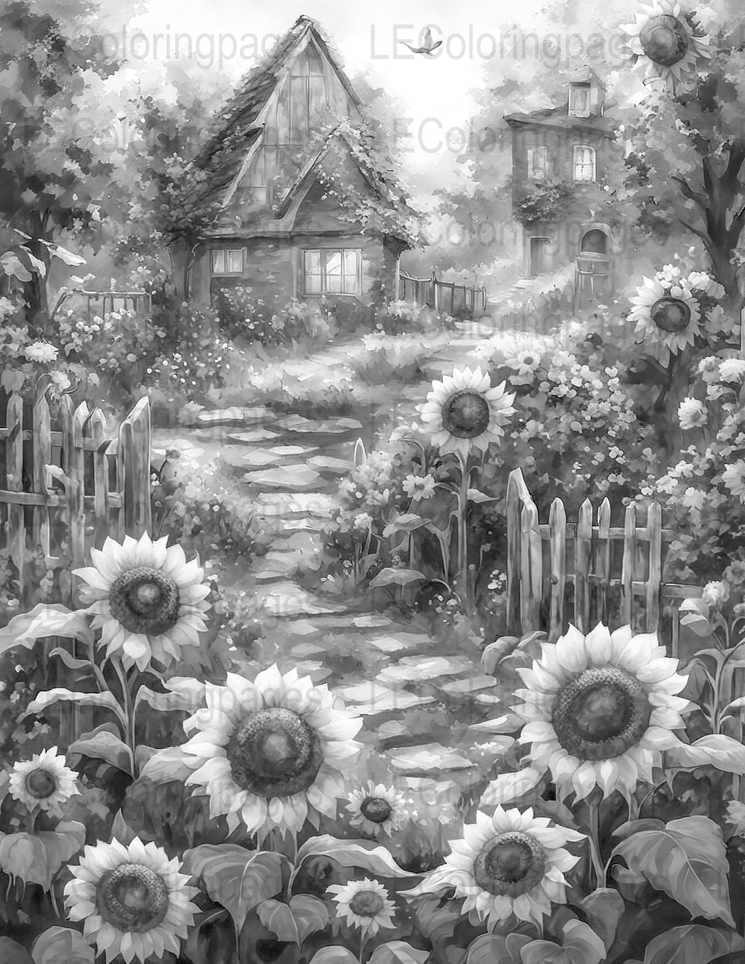Sunflowers Grayscale Coloring Page for Adults #42 Instant Download ...