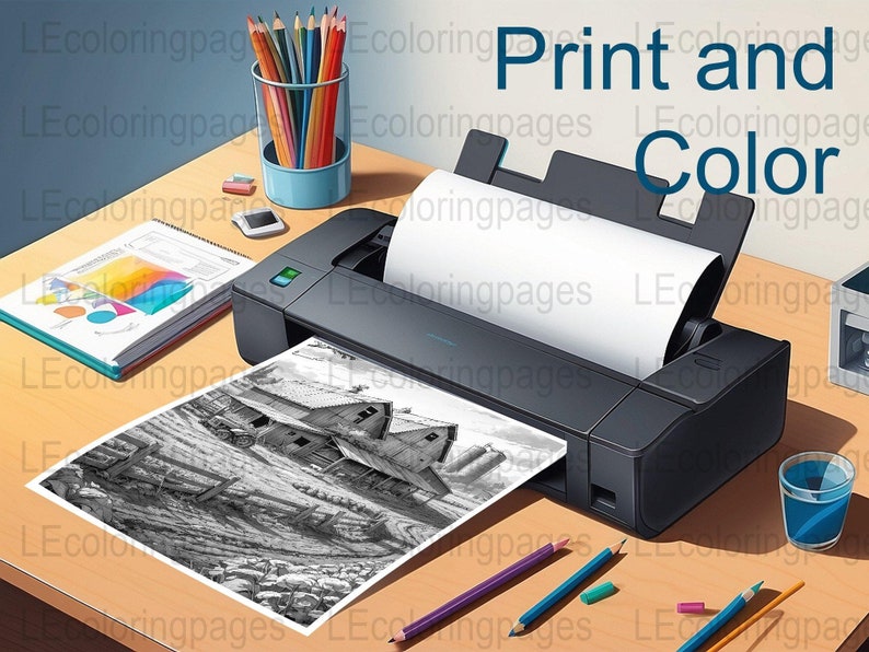 Rustic Farmhouse Grayscale Coloring Page, Countryside Barn Digital JPG ...