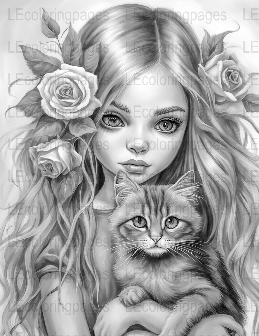Gothic Cat Girl Grayscale Coloring Page for Adults #10 - Instant ...