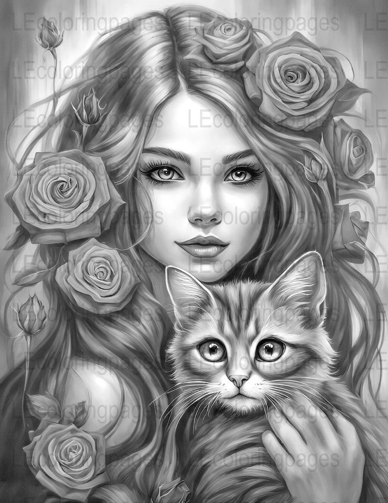 Gothic Cat Girl Grayscale Coloring Page for Adults 72 Instant Download ...
